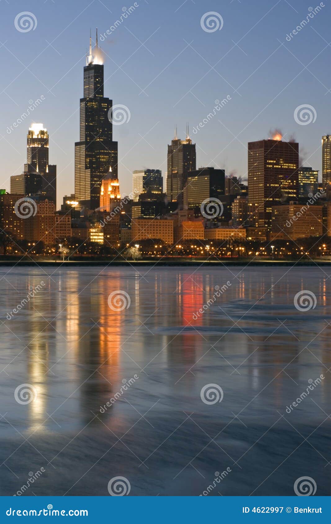 Skyscrapers Reflected in Icy Lake Michigan Stock Image - Image of ...