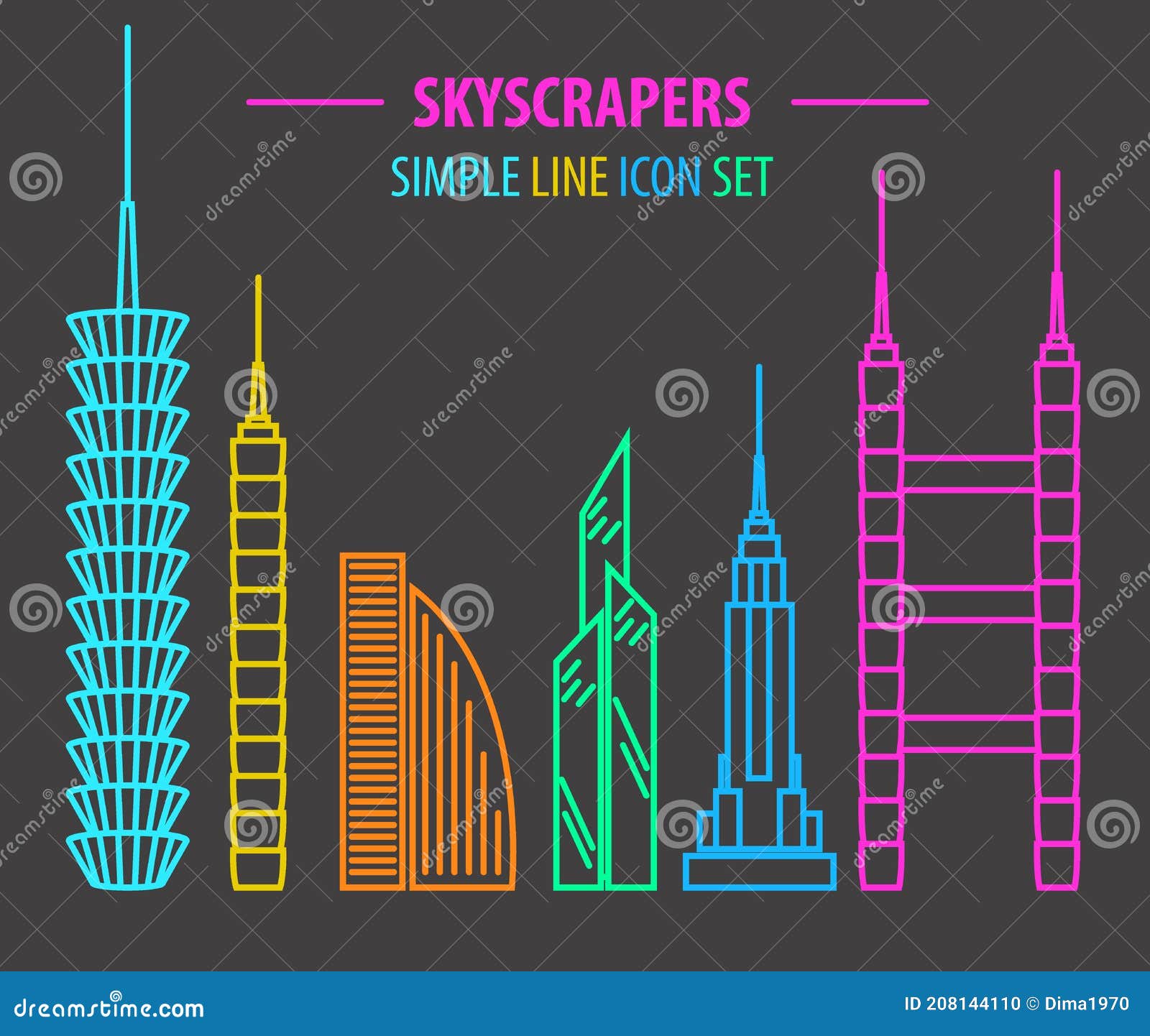 Skyscrapers Simple Line Icon Set Isolated Stock Vector - Illustration ...
