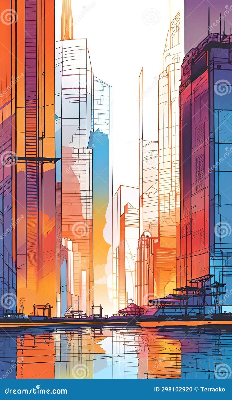 Skyscrapers at Sunset, Graphic Perspective of Buildings, Abstract ...