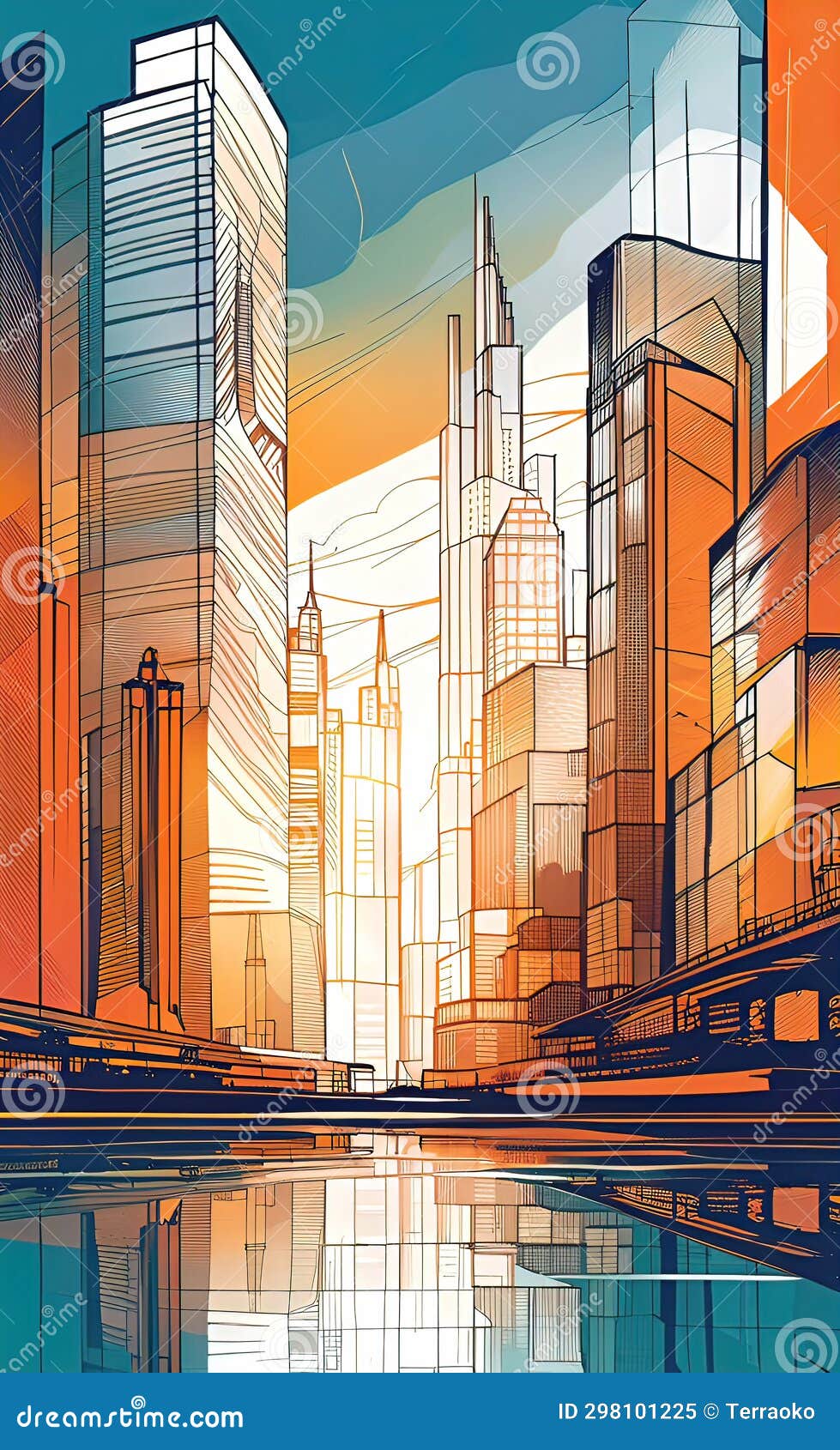 Skyscrapers at Sunset, Graphic Perspective of Buildings, Abstract ...