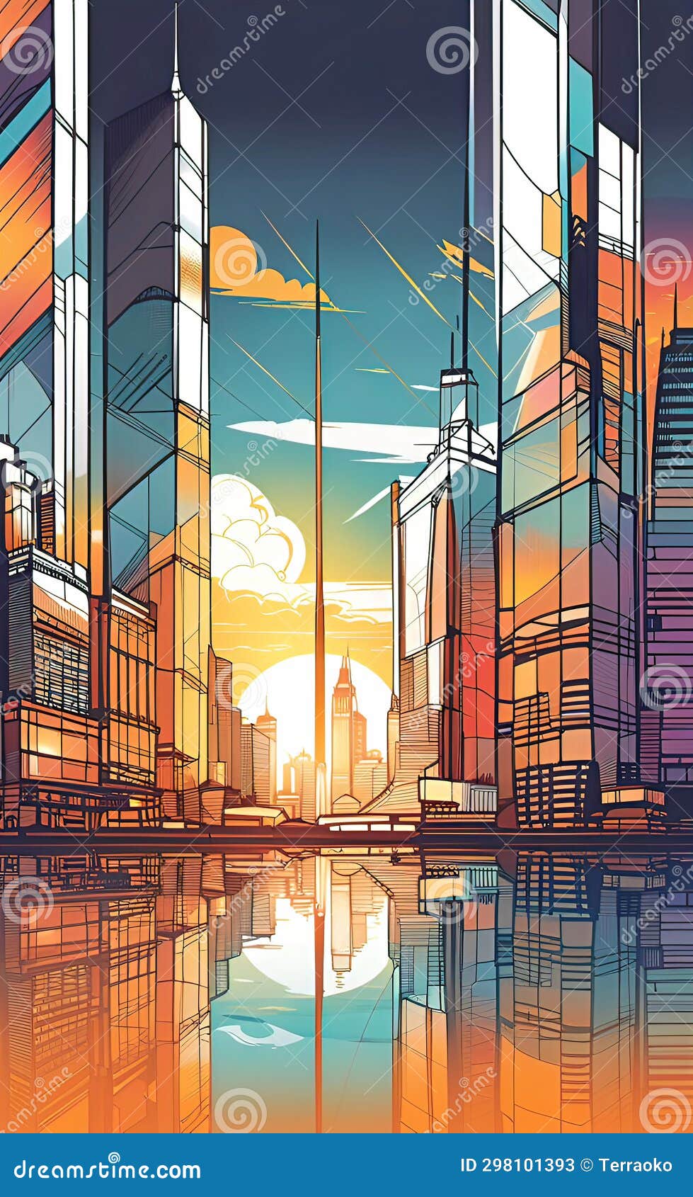 Skyscrapers at Sunset, Graphic Perspective of Buildings, Abstract ...