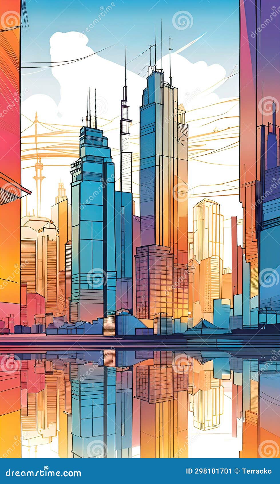 Skyscrapers at Sunset, Graphic Perspective of Buildings, Abstract ...