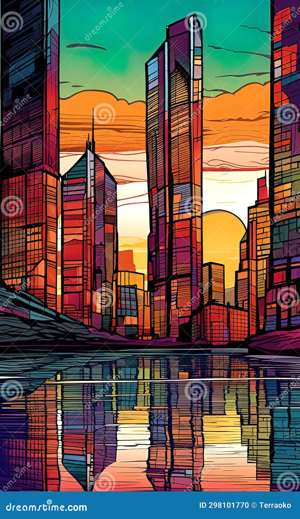 Skyscrapers at Sunset, Graphic Perspective of Buildings, Abstract ...