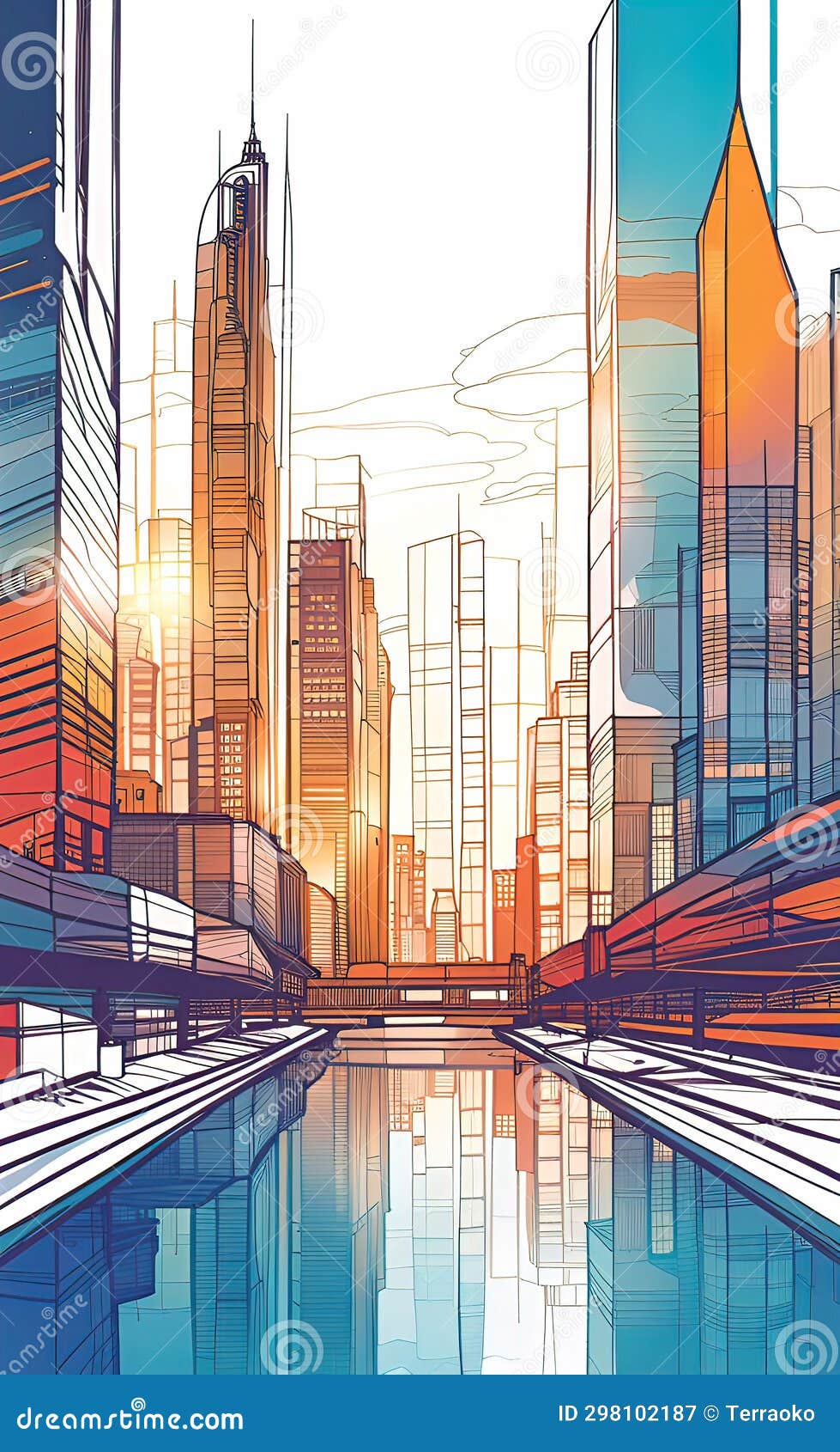 Skyscrapers at Sunset, Graphic Perspective of Buildings, Abstract ...