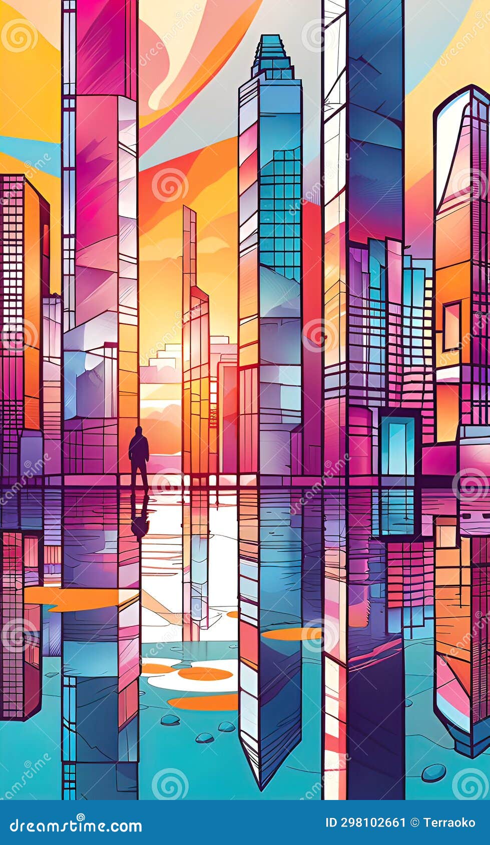 Skyscrapers at Sunset, Graphic Perspective of Buildings, Abstract ...