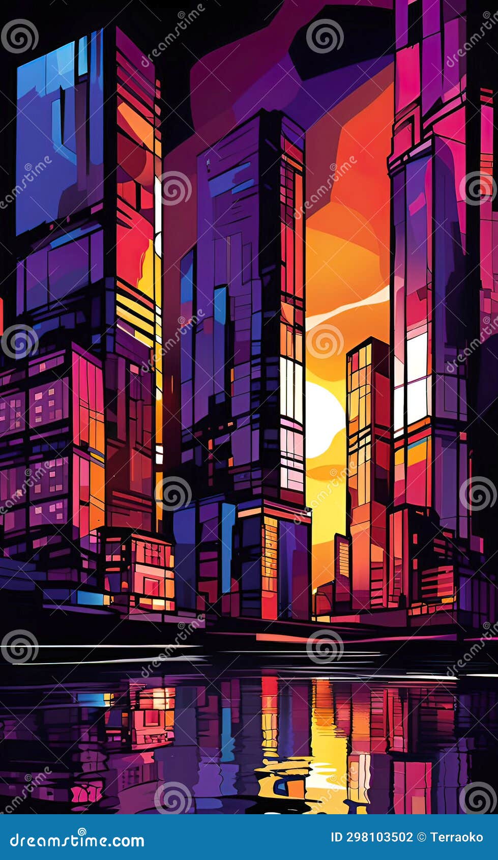 Skyscrapers at Sunset, Graphic Perspective of Buildings, Abstract ...