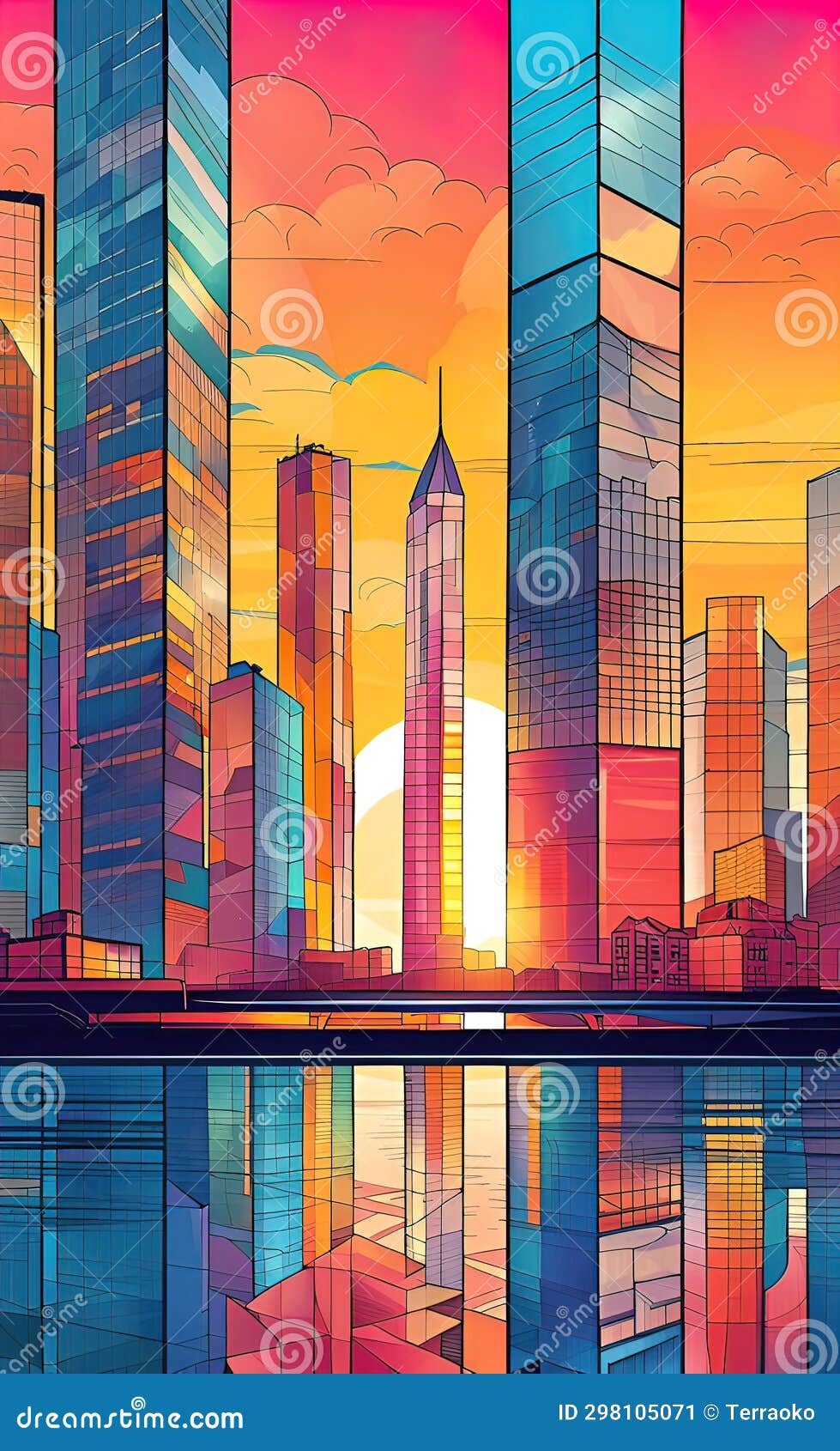 Skyscrapers at Sunset, Graphic Perspective of Buildings, Abstract ...