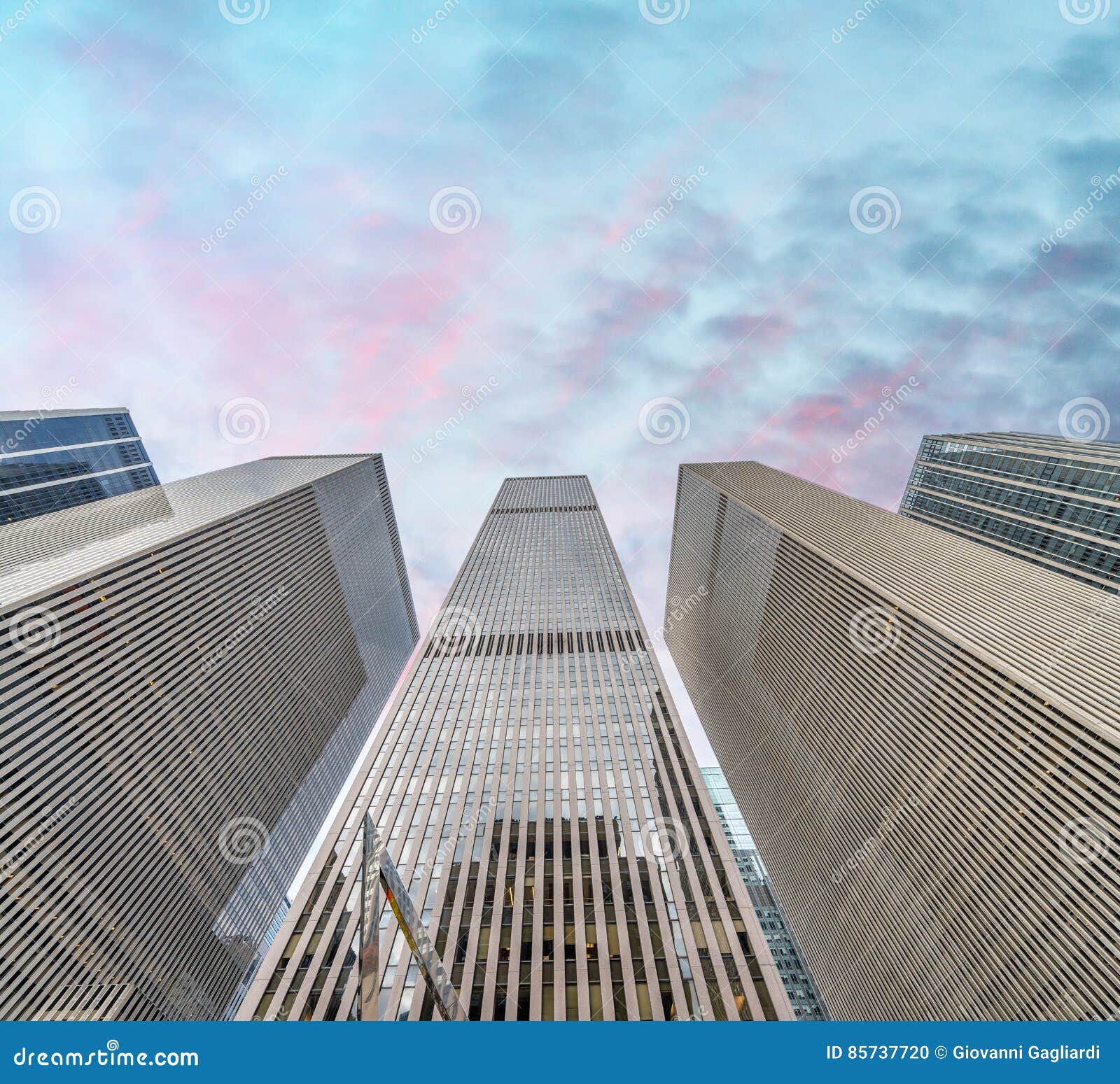 Skyward View of Manhattan Skyscrapers at Sunset Stock Photo - Image of ...