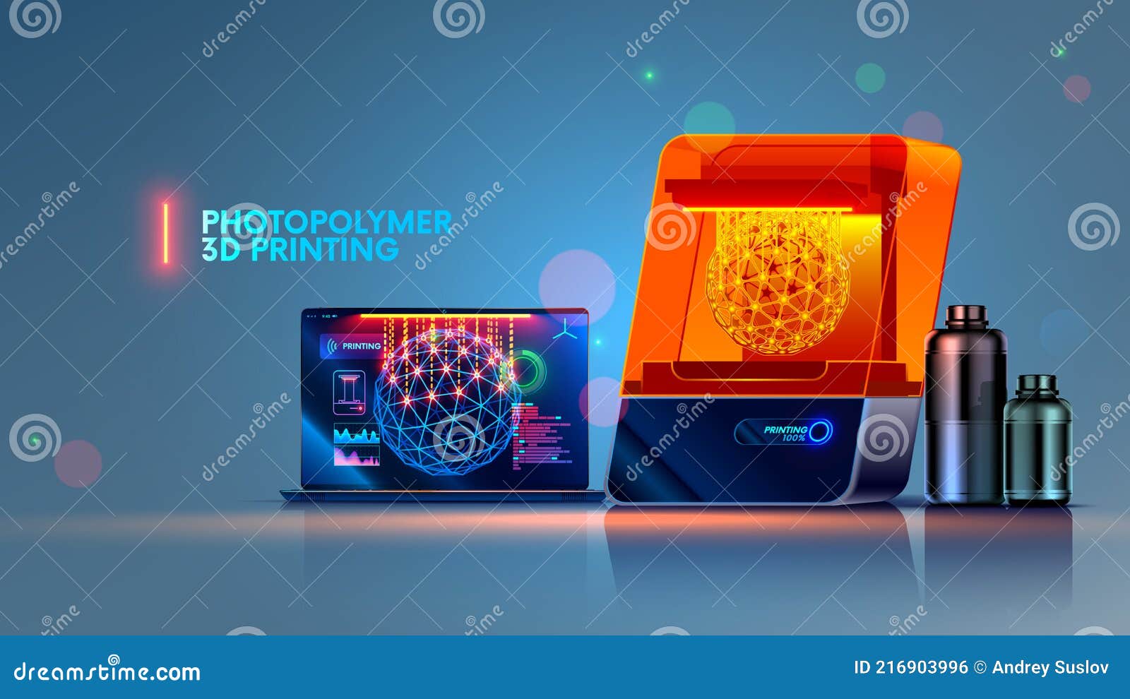 SLA or DLP 3d Printer on Desktop. Laptop with Interface Cad System and ...