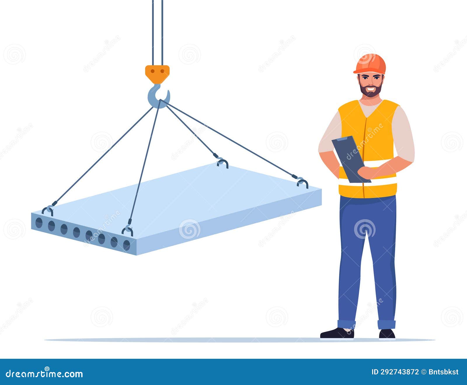 Slab Hanged On Crane Hook By Rope Slings. Man Engineer Looking For ...