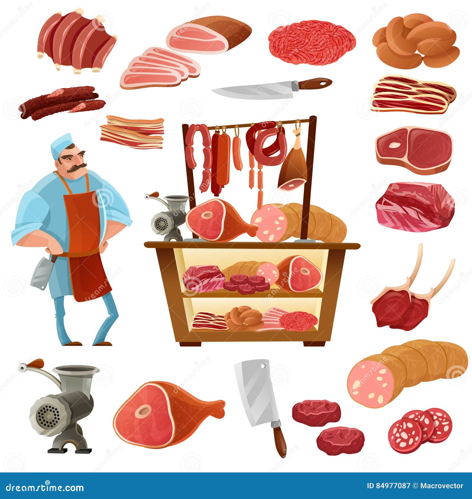 Slager Cartoon Set vector illustratie. Illustration of rundvlees - 84977087