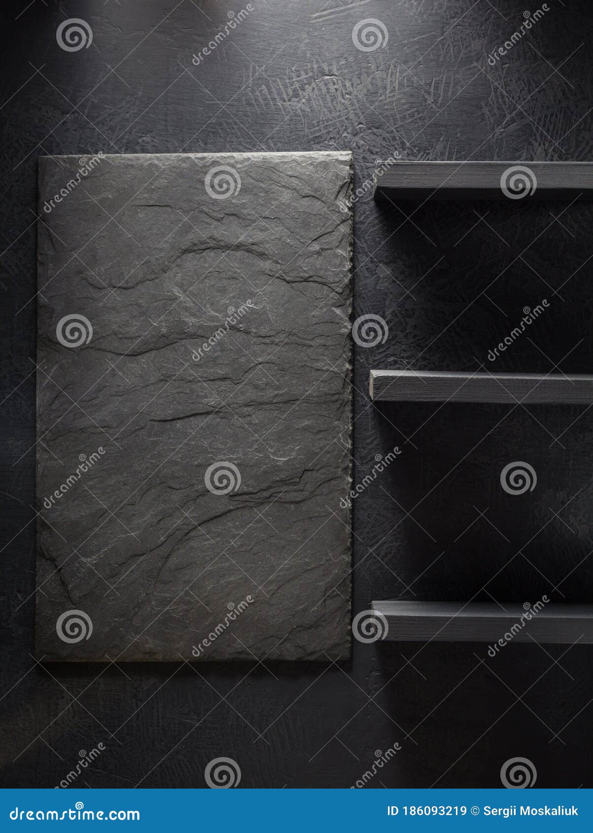 Slate Stone and Wall Shelf on Black Background Stock Image - Image of ...