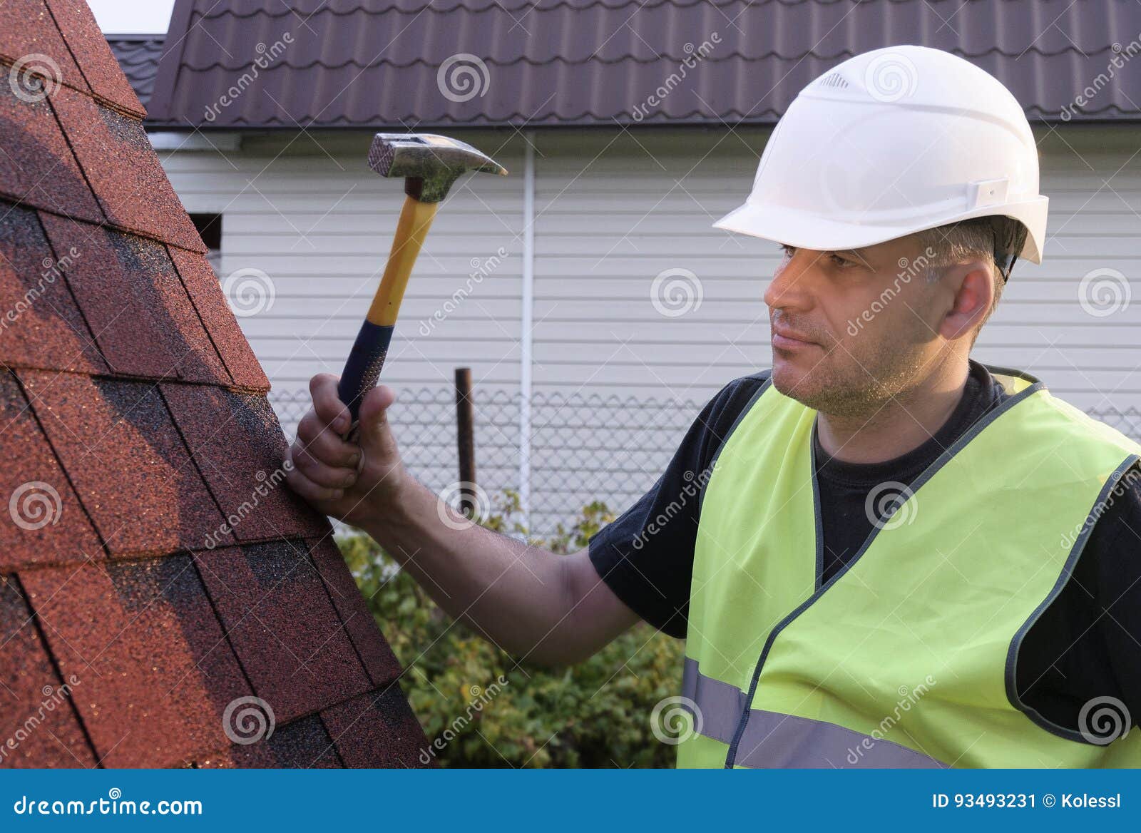 Roofing Work In Progress, Commercial Flat Roof With Safety Flags In ...