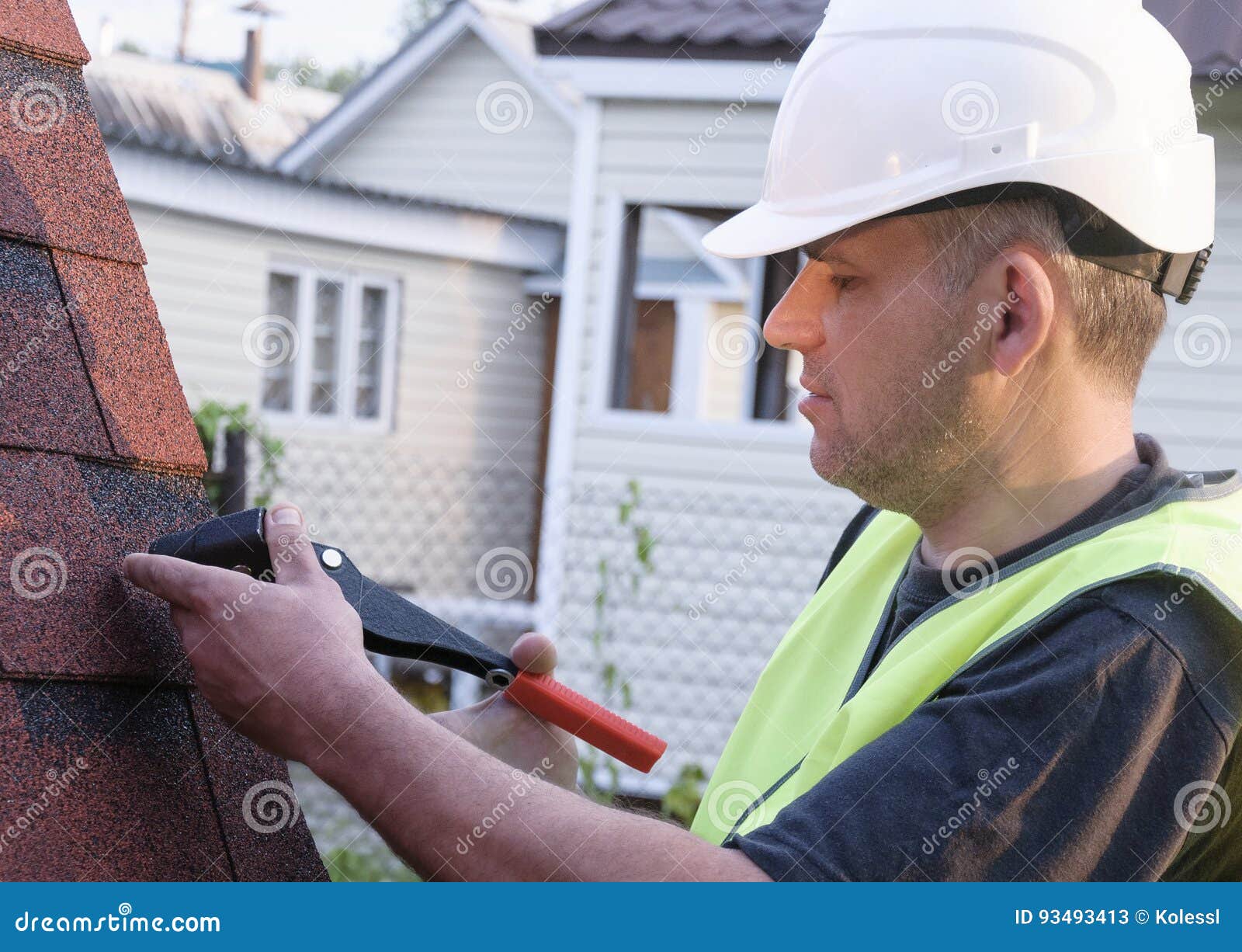 Roofing Work In Progress, Commercial Flat Roof With Safety Flags In ...