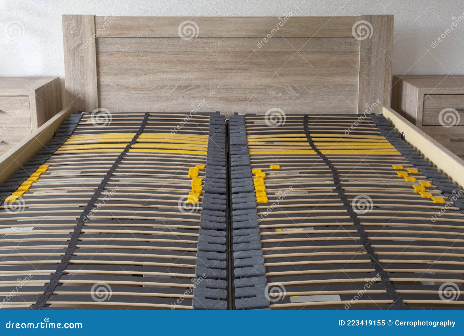 Slatted Base, Wooden Element Double Bed Frame Close Up in Bedroom ...