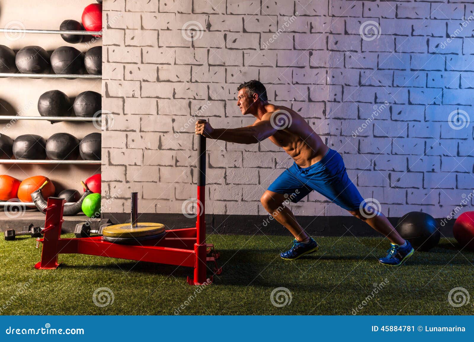 Sled Push Man Pushing Weights Workout Stock Image - Image of masculine ...