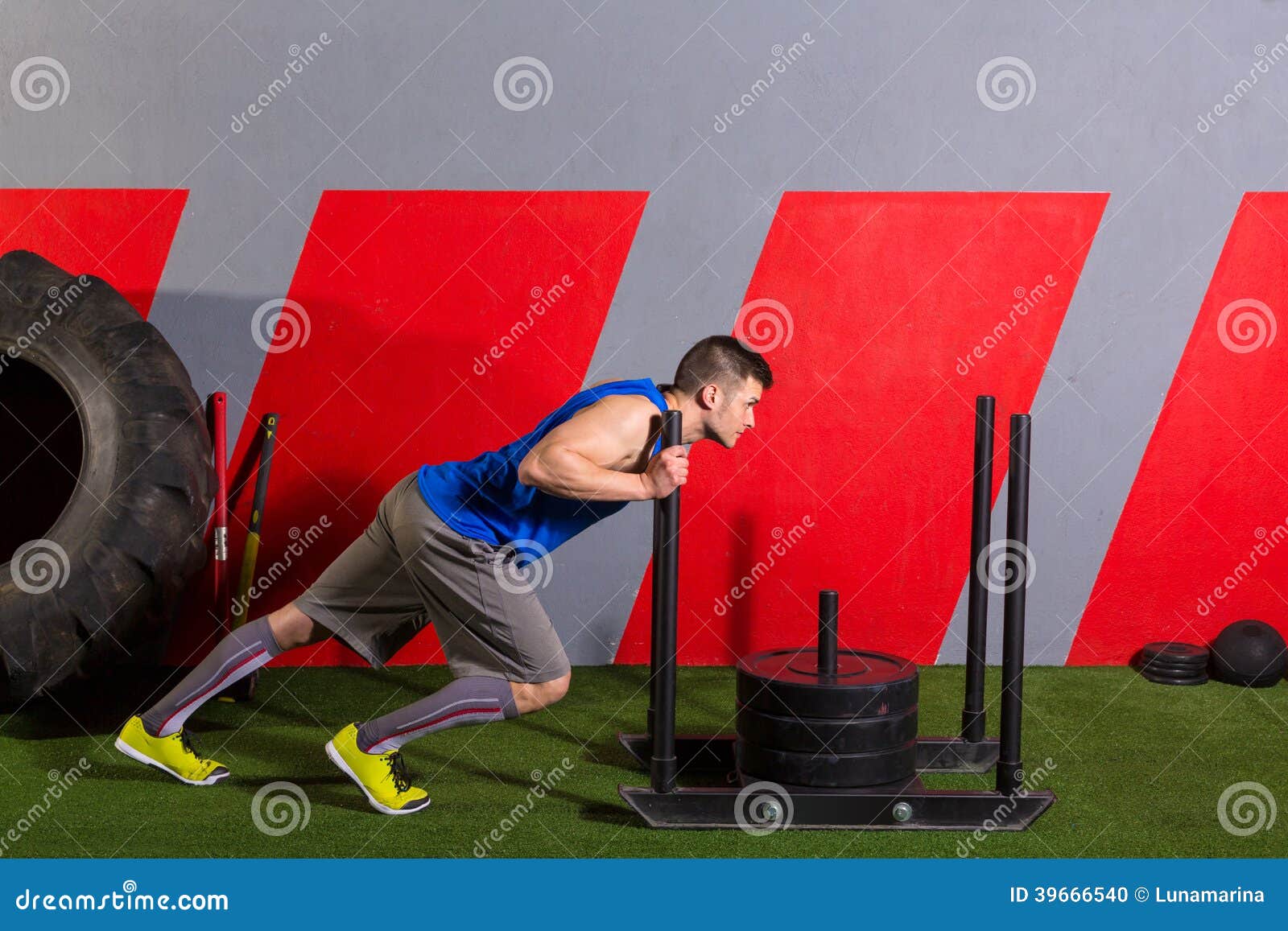 Sled Push Man Pushing Weights Workout Exercise Stock Photo - Image of ...