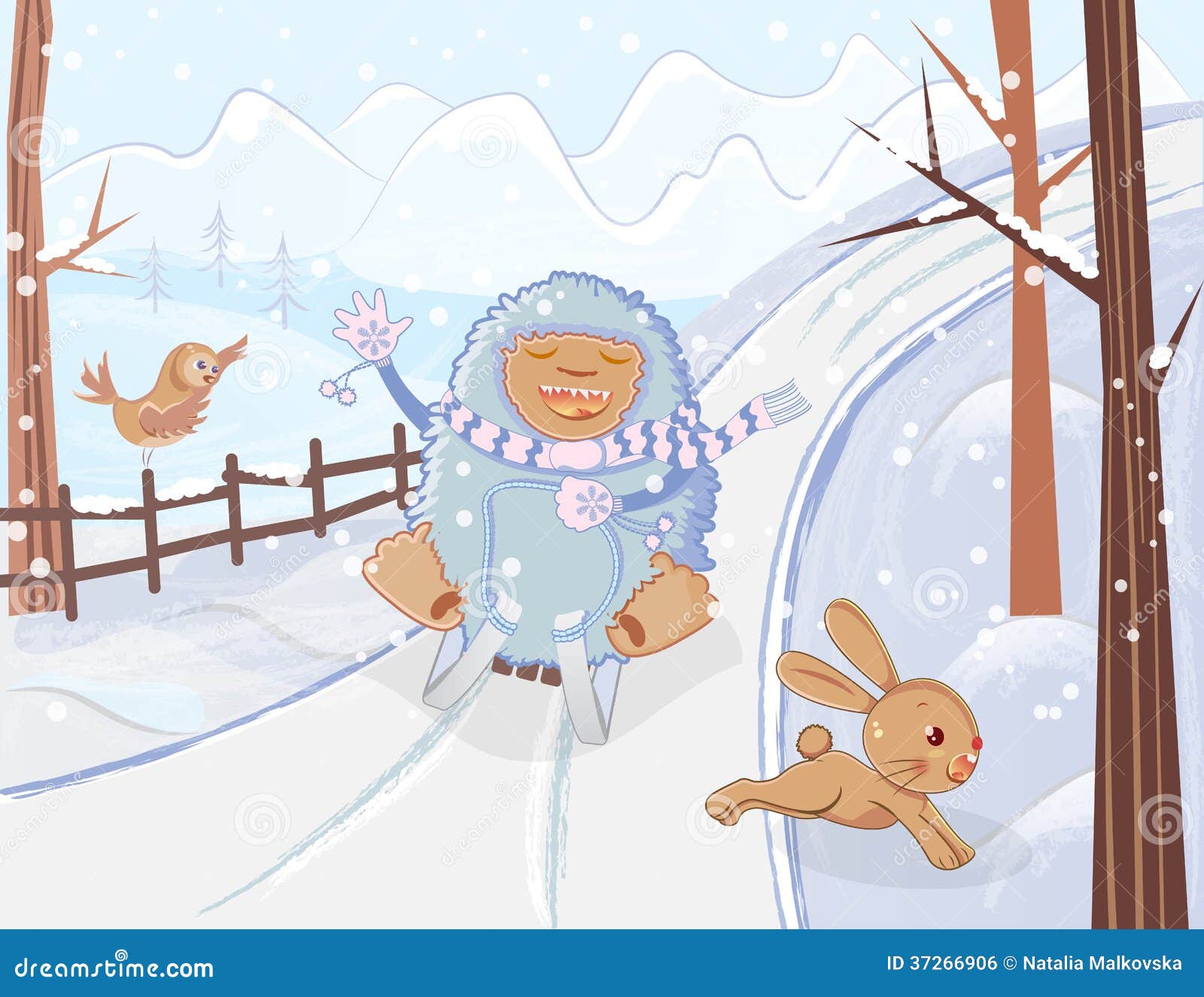 Sledding Yeti and a Scared Bunny Winter Fun Illustration Stock Vector ...