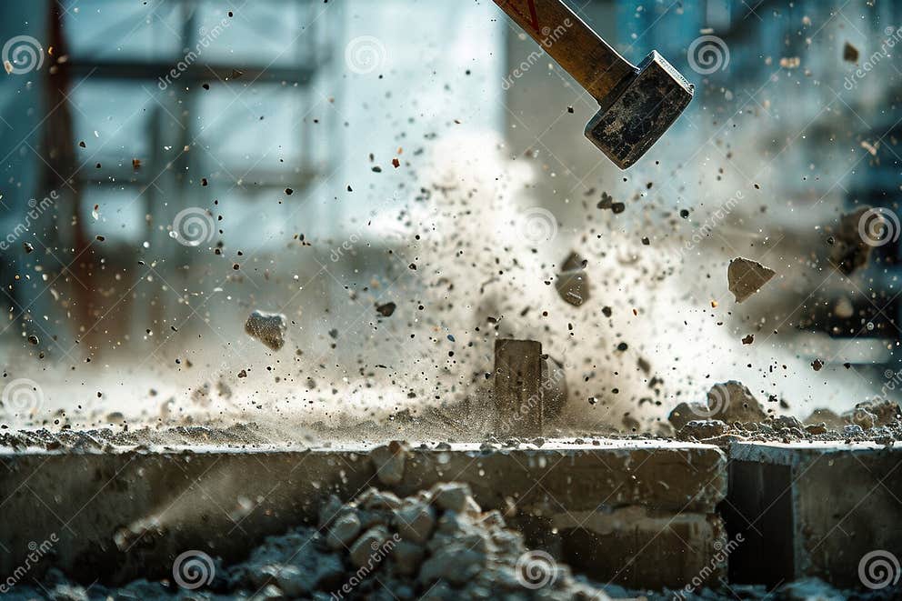 Dramatic Sledgehammer Impact on Concrete Slab at Construction Site for ...