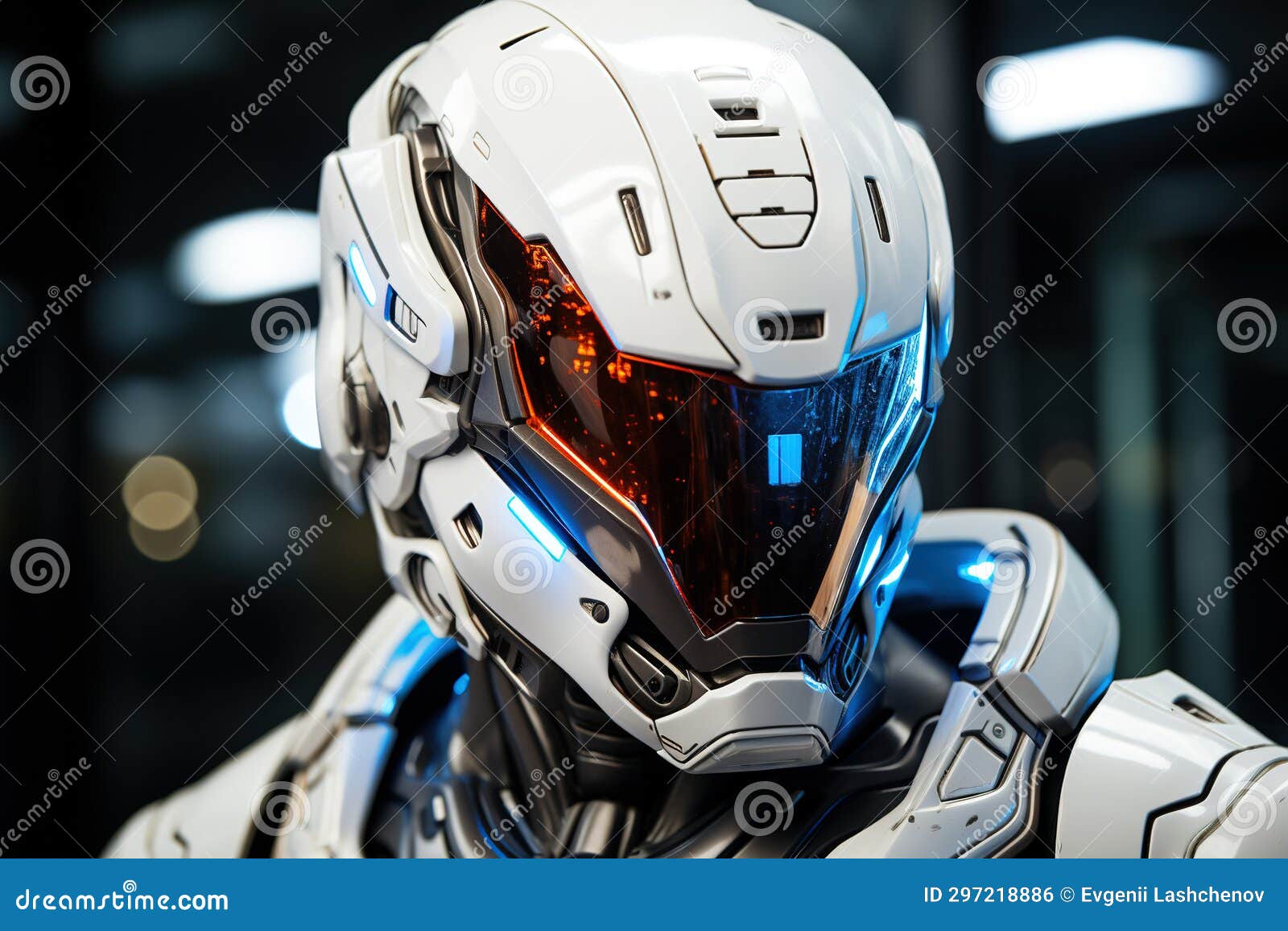 Sleek Advanced Robotic Head with Reflective Visor and LED Lights. AI ...