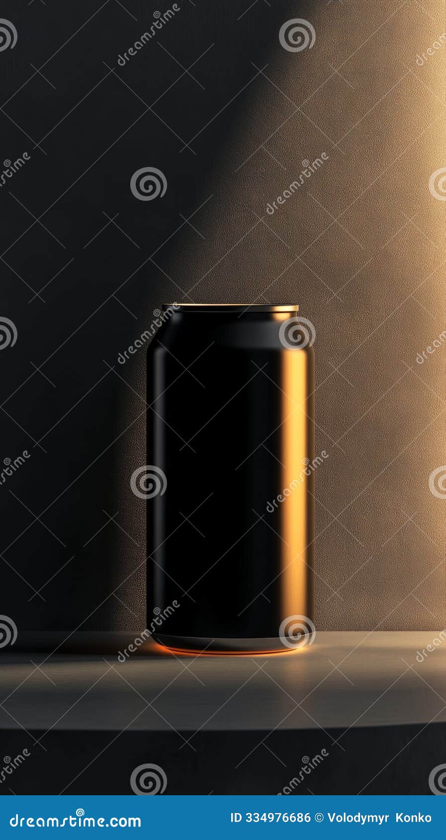 Sleek Black Beverage Can with Dramatic Lighting on Shelf, Minimalistic ...