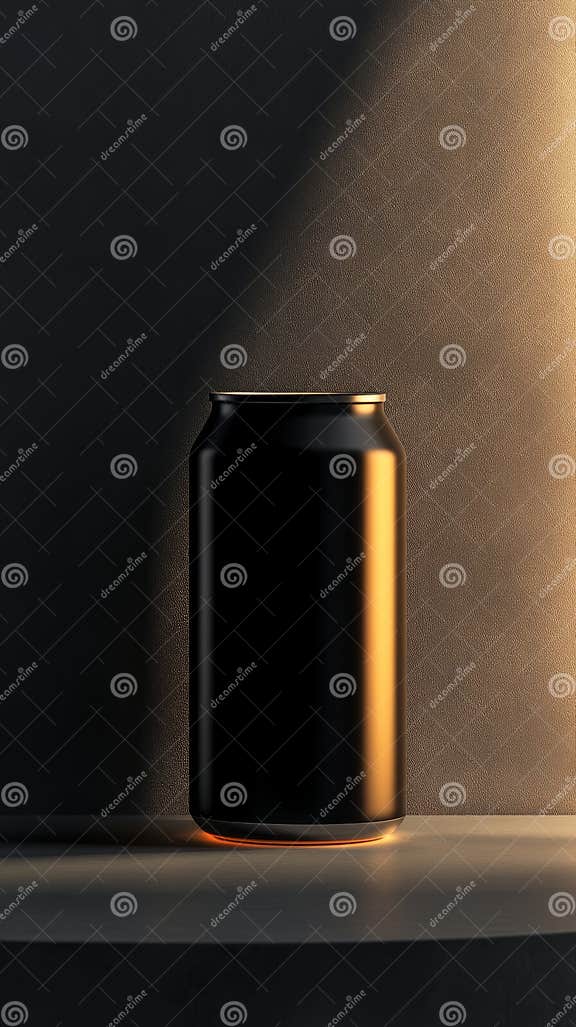 Sleek Black Beverage Can with Dramatic Lighting on Shelf, Minimalistic ...