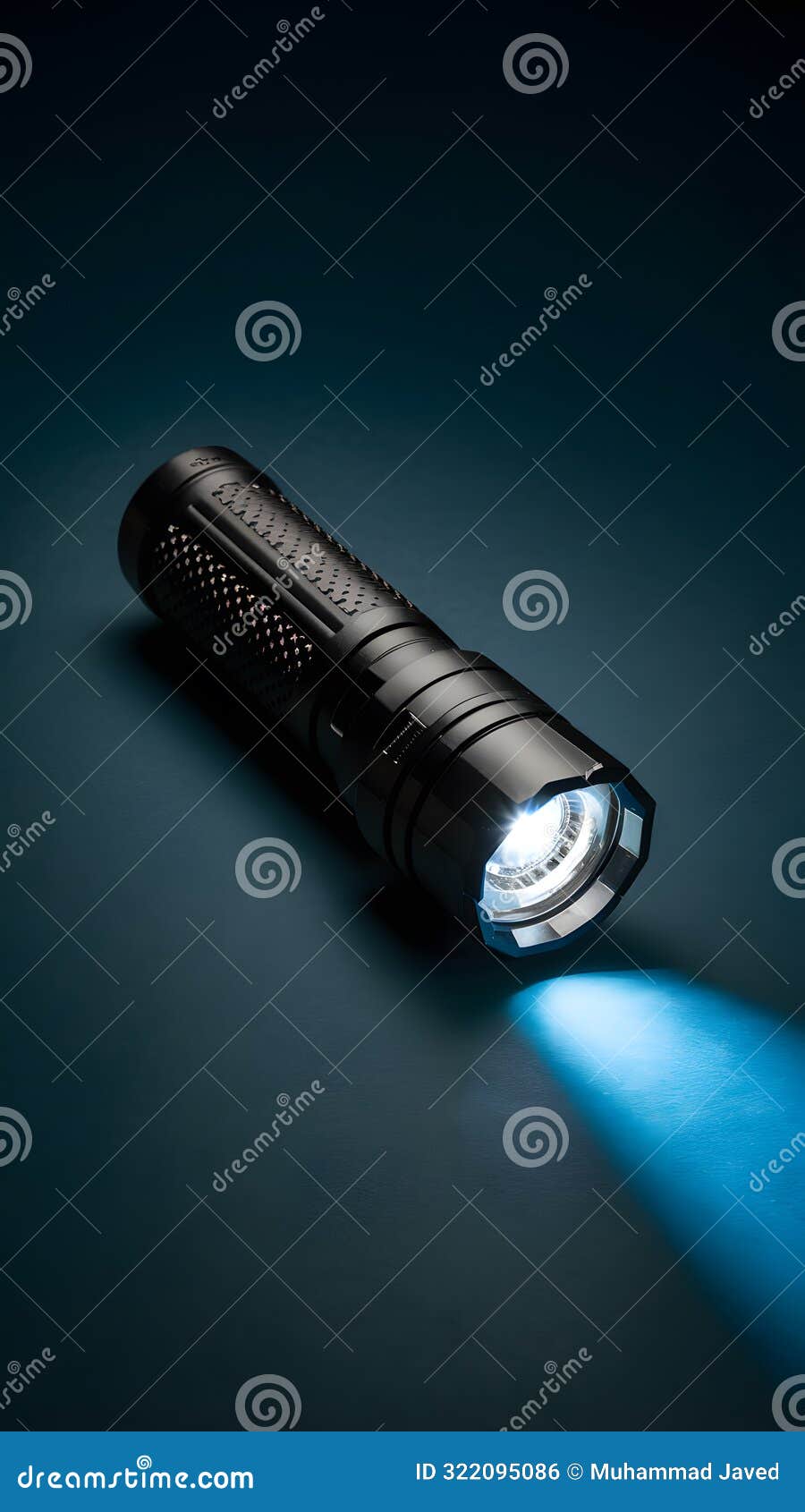 Sleek Black Flashlight with Textured Grip and Bright White Beam on Blue ...