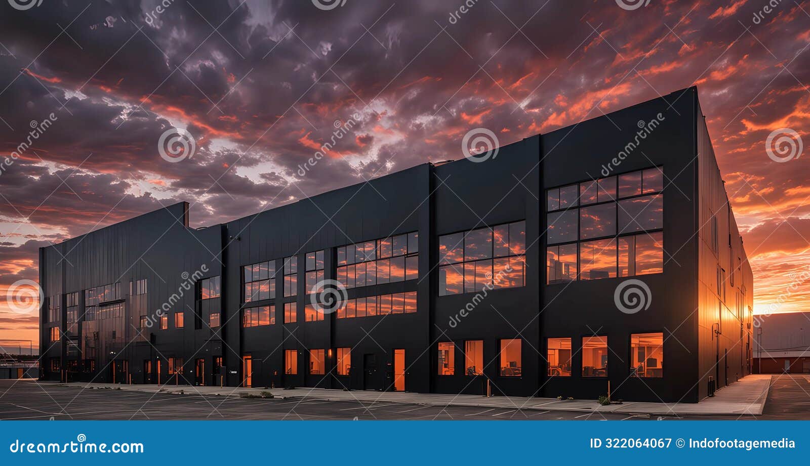 A Sleek, Black Logistics Warehouse Against a Dramatic Sunset Sky. Side ...