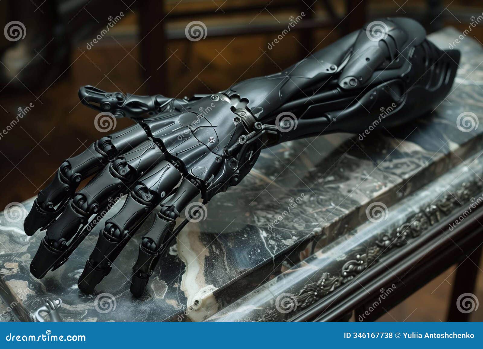 A Sleek Black Prosthetic Hand Elegantly Displays Its Design on a Marble ...