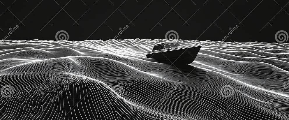 A Sleek Boat Glides Across an Ocean of Thin, Parallel Lines that Evoke ...