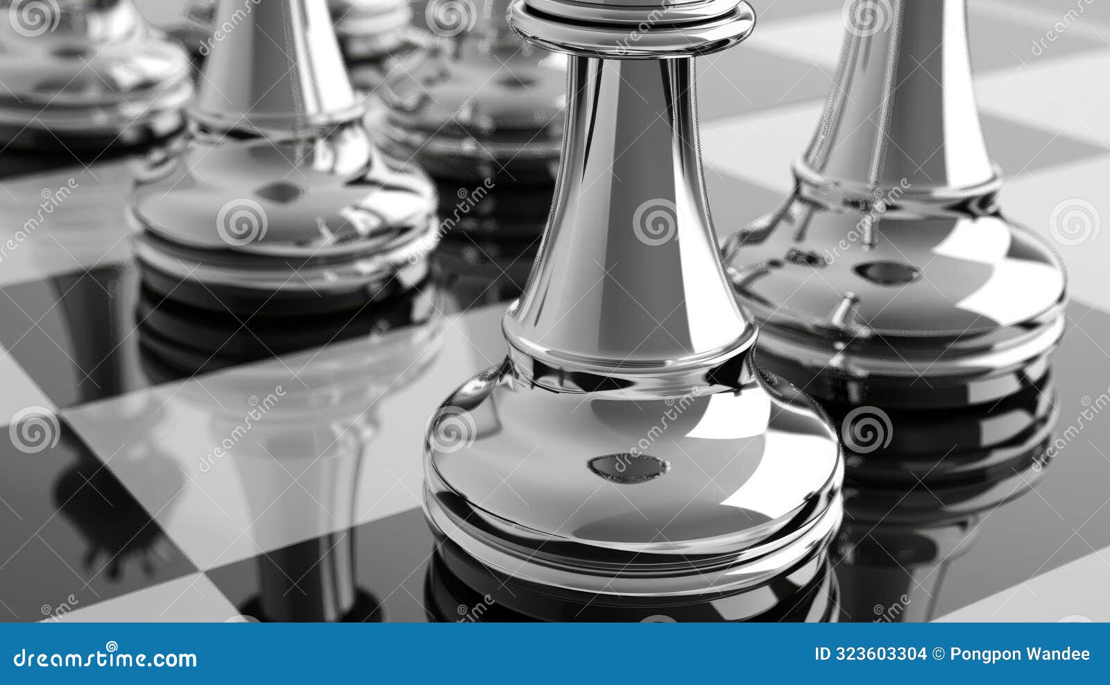Sleek Chrome Chess Pieces Stand Ready on Classic Board Stock ...