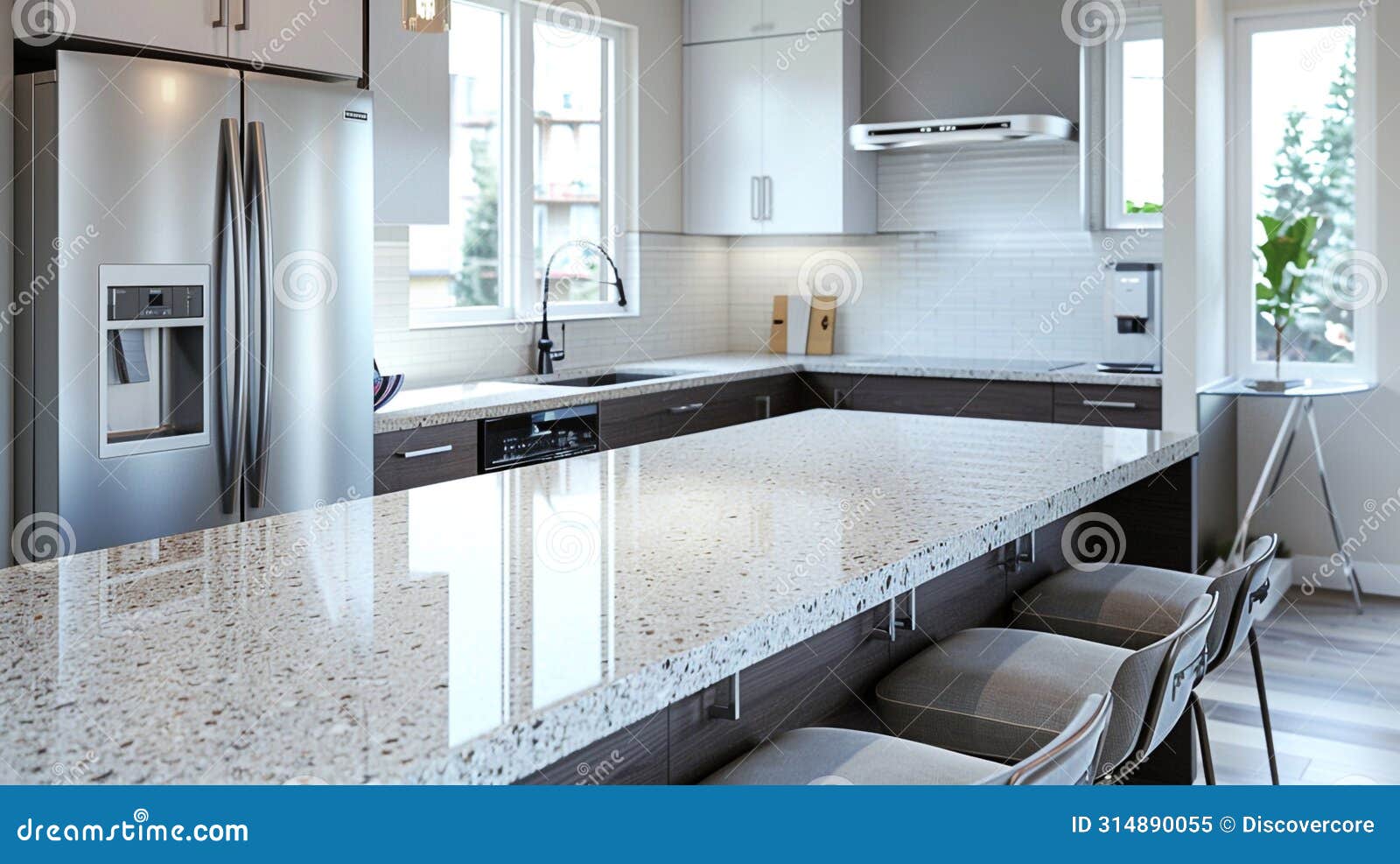 Sleek Contemporary Kitchen with Reflective Granite Countertops and ...