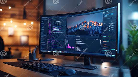A Sleek Curved Monitor Displays Vibrant Data Visualizations and Coding ...