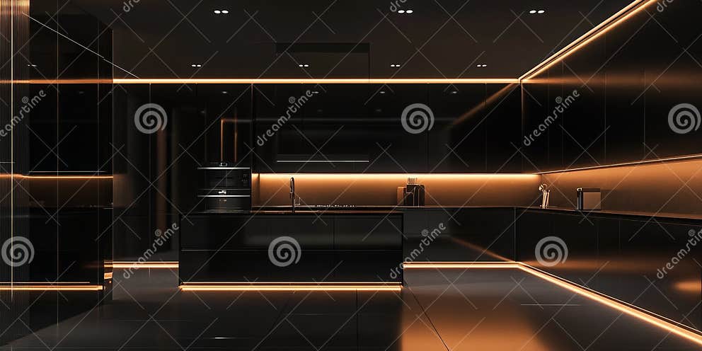 A Sleek 3D Black Interior Featuring High-gloss Surfaces and Subtle ...