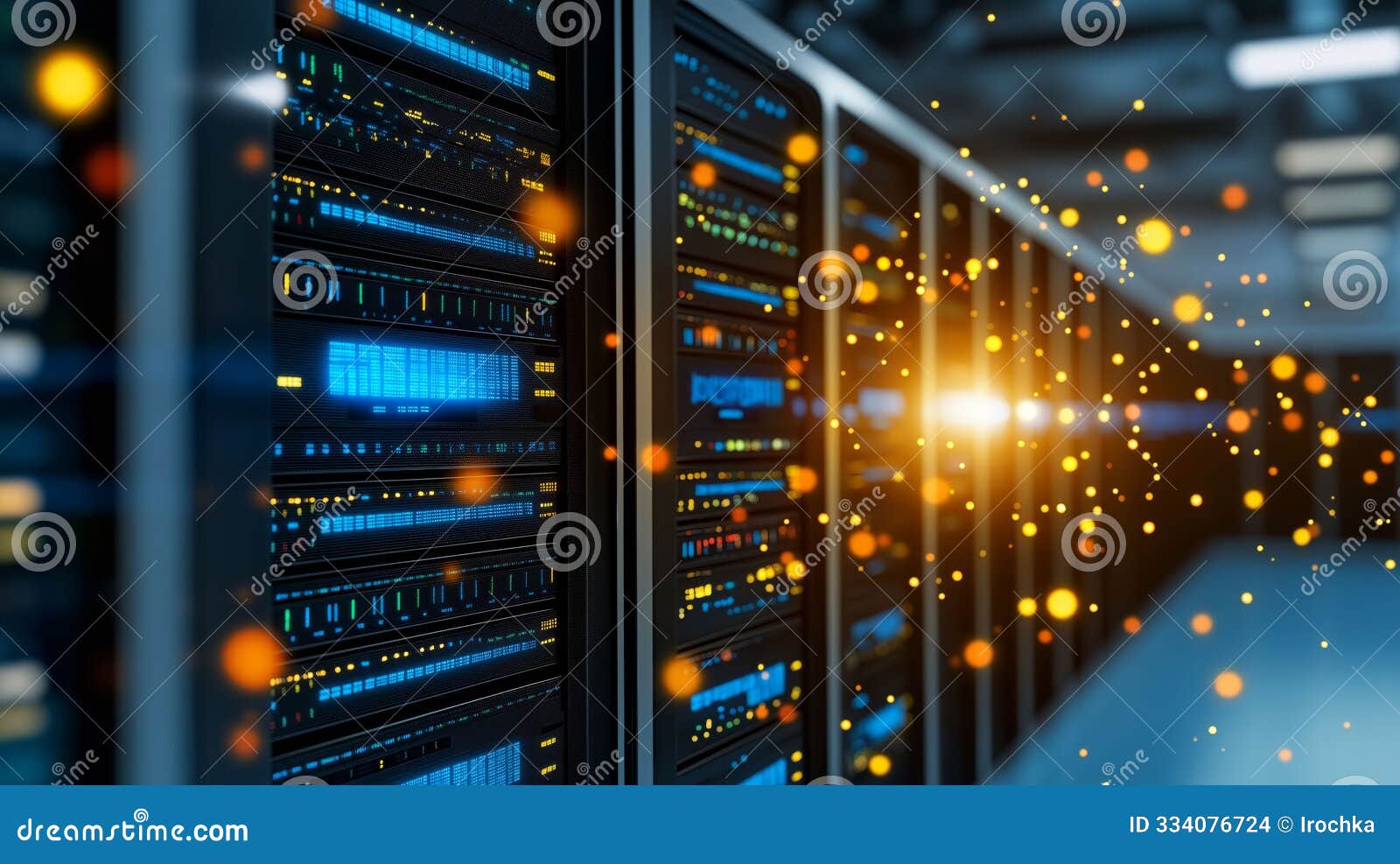 "Dynamic Data Center: Illuminated Server Racks and Glowing Particles ...