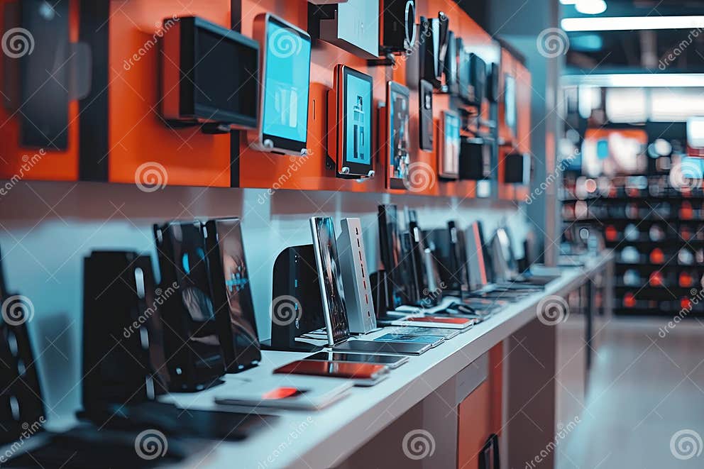 A Sleek Display of Tech Gadgets in a Brightly Lit, Minimalist Stock ...