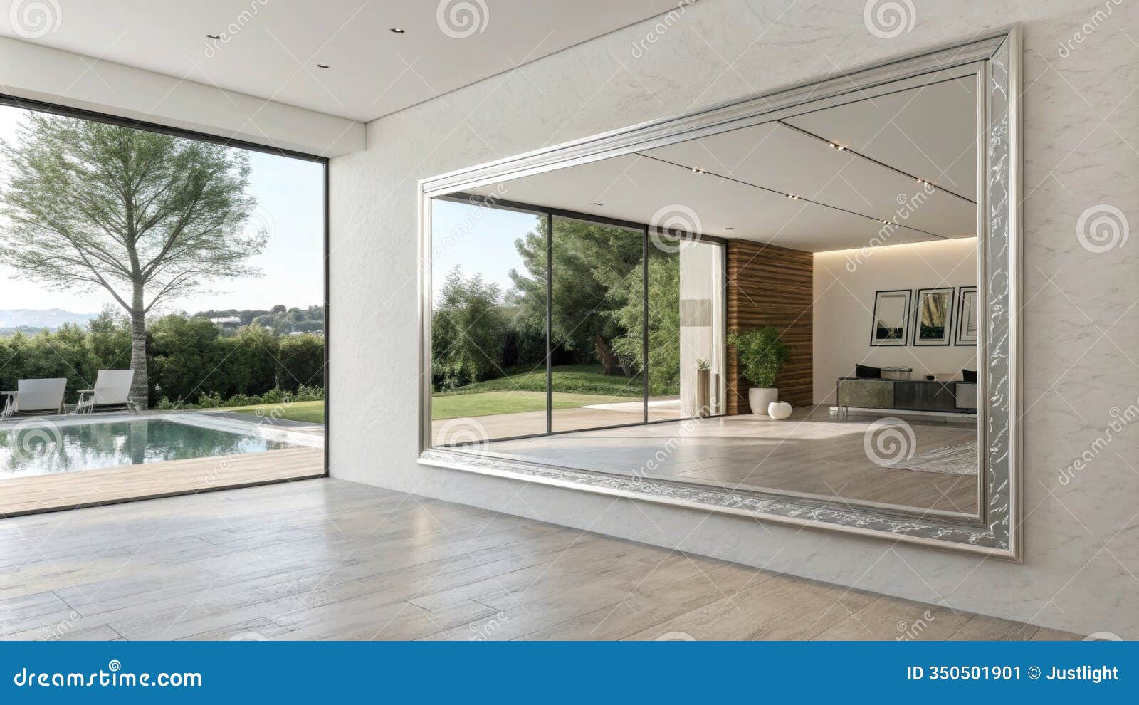 A Sleek Frameless Mirror Reflects the Open Space Creating an Illusion ...