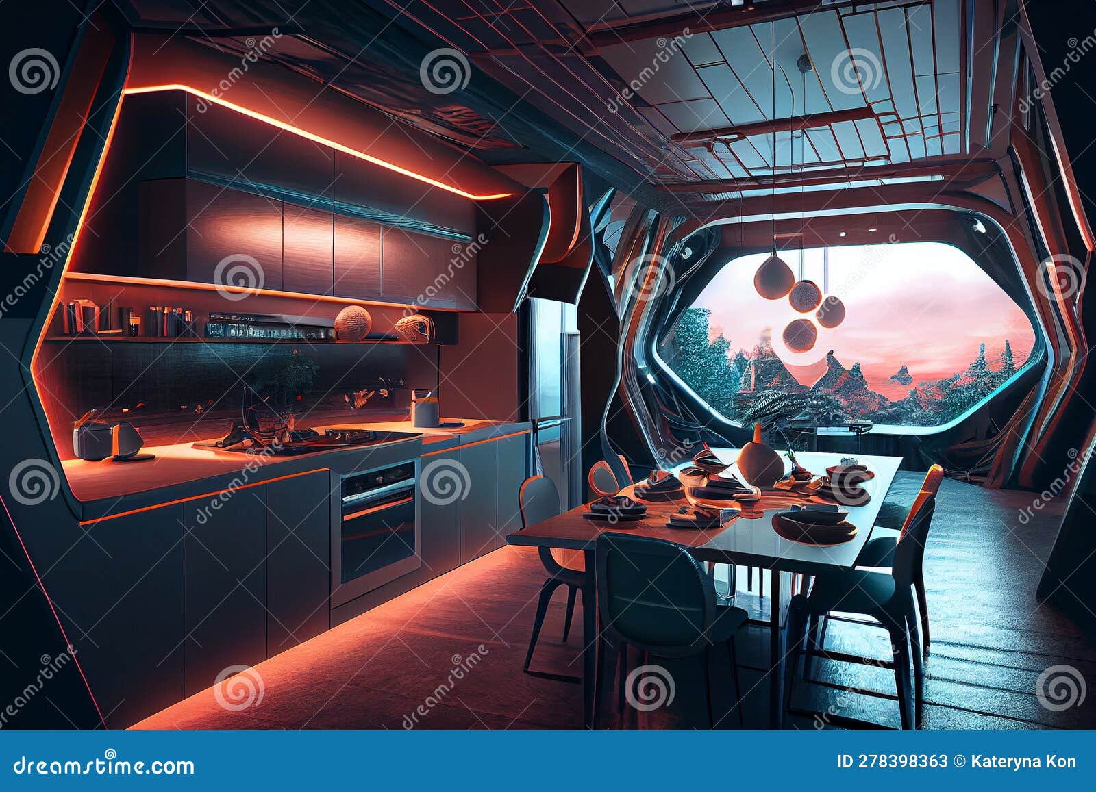 A Sleek and Futuristic Illustration of a Kitchen Interior, Featuring ...