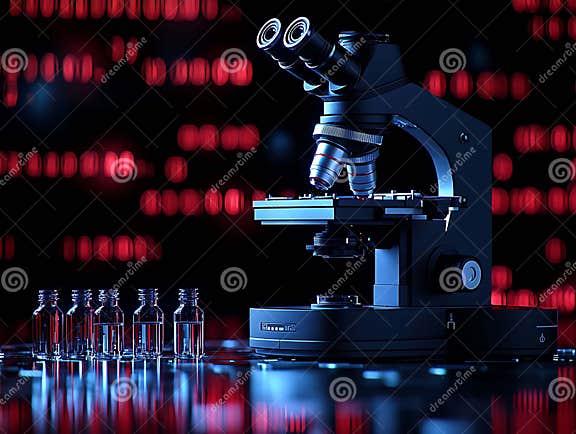 Sleek, Futuristic Microscope with Sample Vials Against a Vibrant Binary Code Backdrop ...