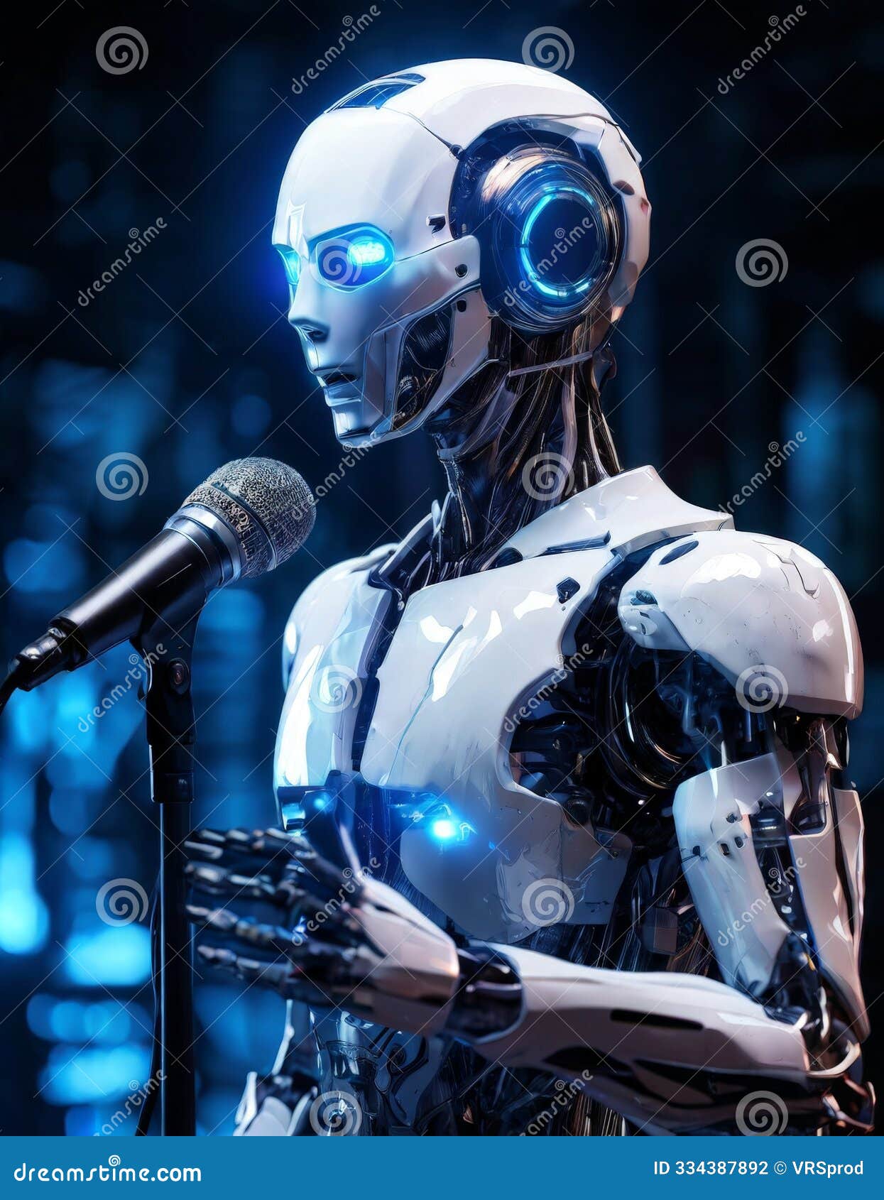 Futuristic Robot Singing into Microphone with Blue Neon Lights Stock ...