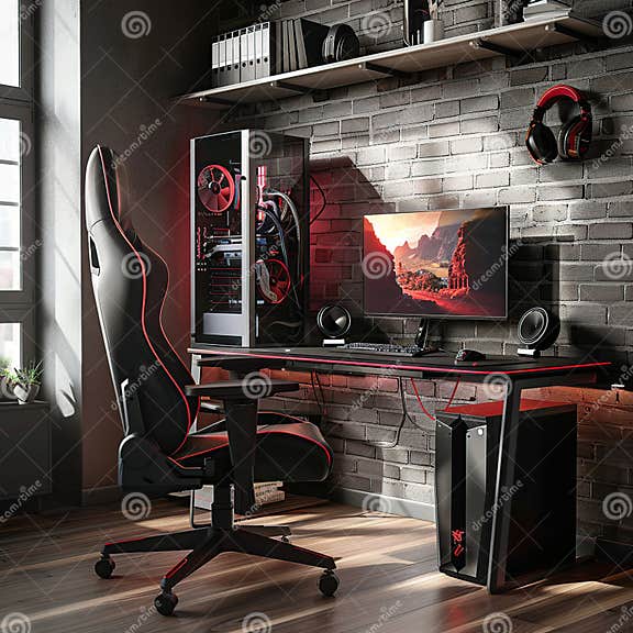 Sleek Gaming Setup with Custom Built Computer and Ergonomic Chair Stock ...