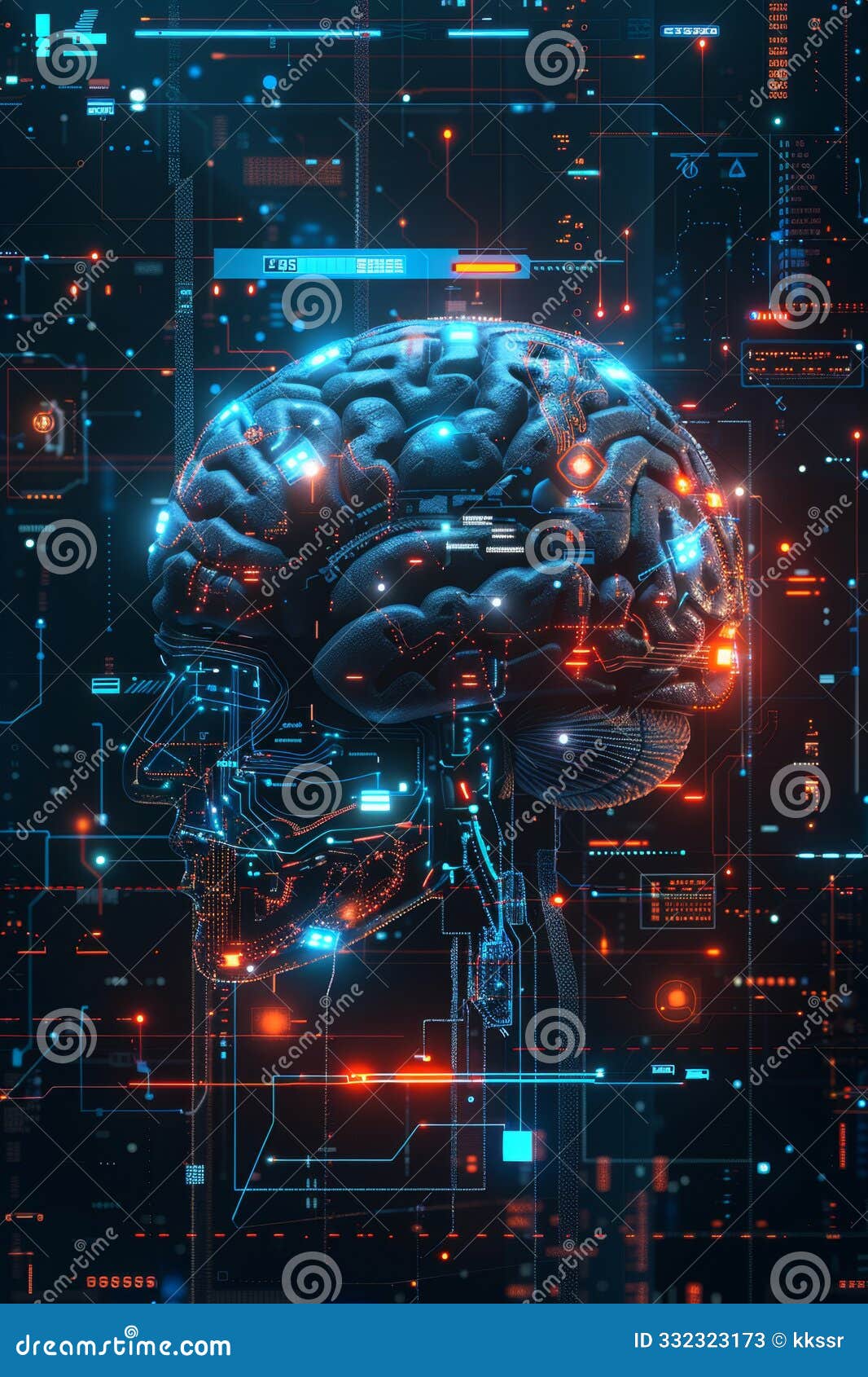 Sleek, High-tech Digital Brain with Neon Blue Data Streams on Dark ...