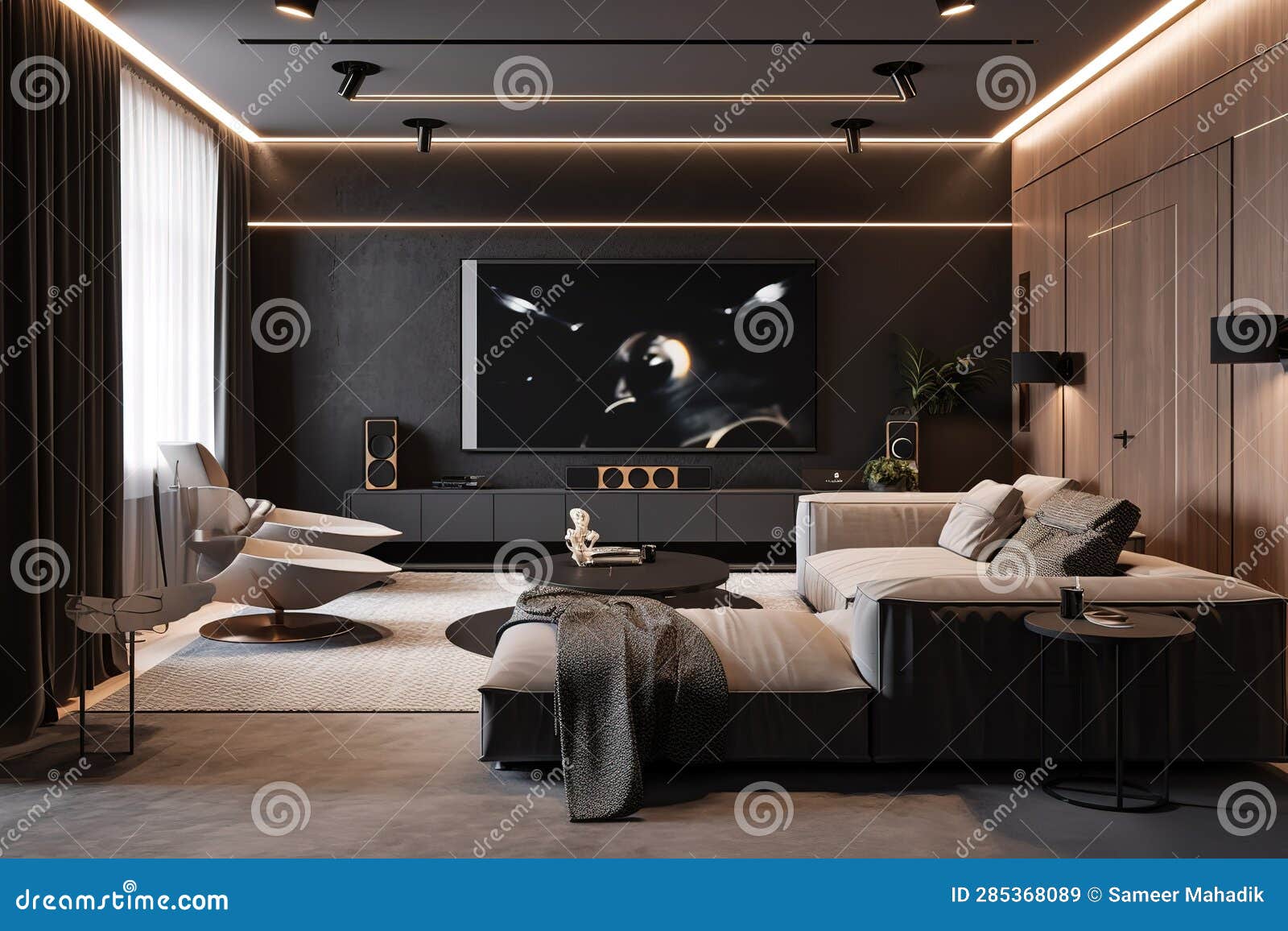 A Sleek Home Theater Setup with a Projector Screen. Generative Ai Stock ...