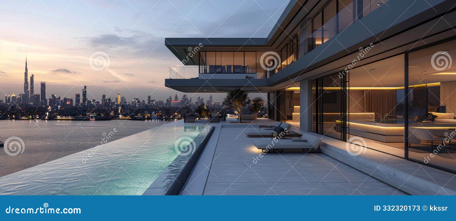 Sleek House With City Skyline View And Infinity Pool Stock Image ...