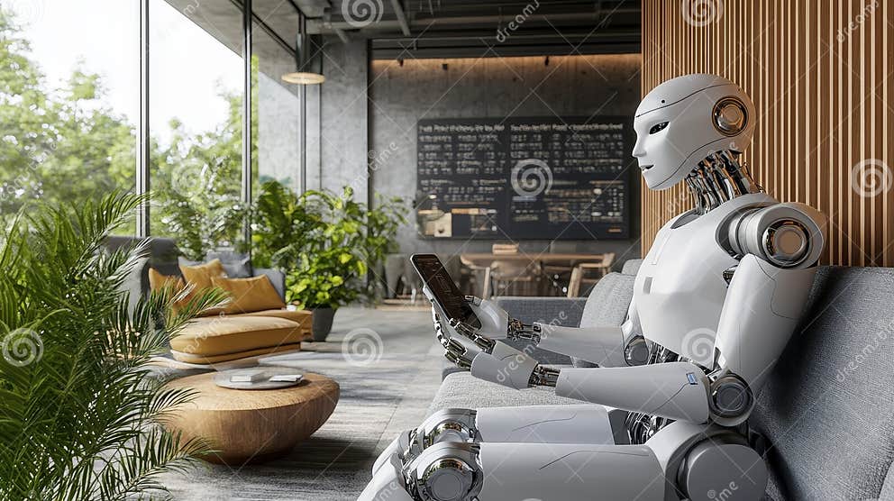 Sleek Humanoid Robot in Modern Office, Using Mobile Phone with Ease ...