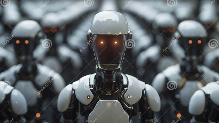 Sleek Humanoid Robots Standing in a Line, with a Focus on One in the ...