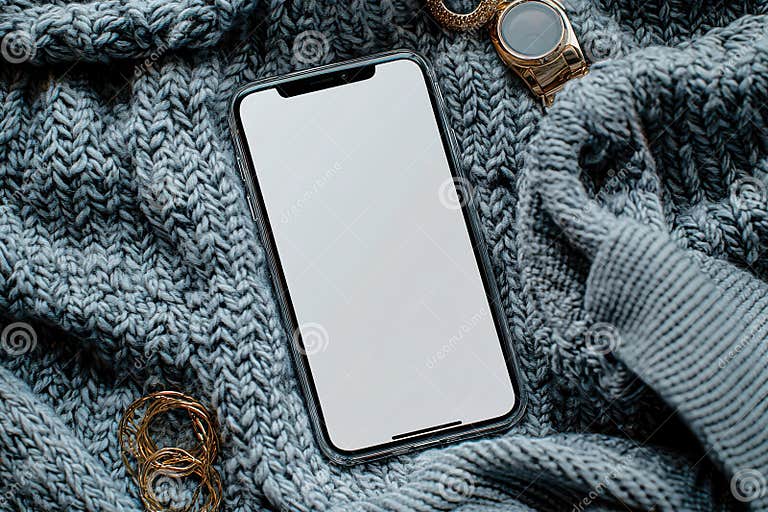 IPhone with Blank White Screen Resting on Cozy Grey Knitted Fabric and ...