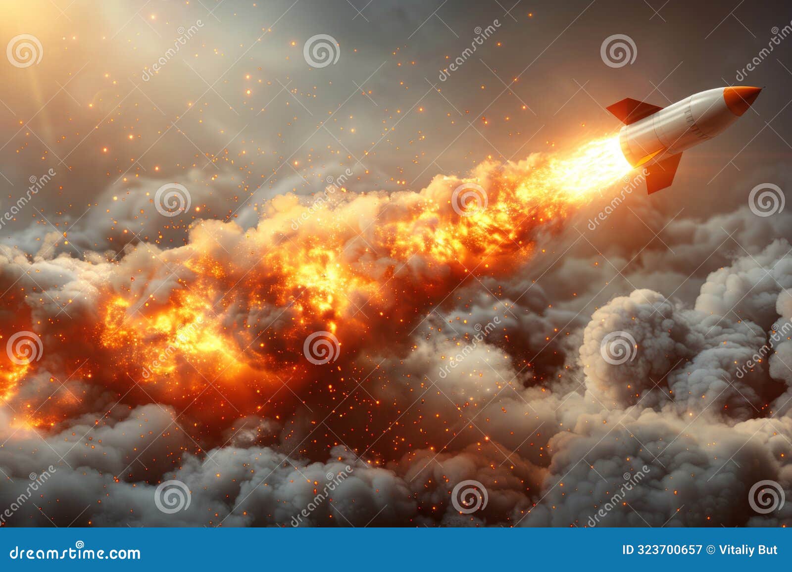 Sleek Jetliner Flies Alongside A Powerful Rocket Through A Cloudy Sky ...