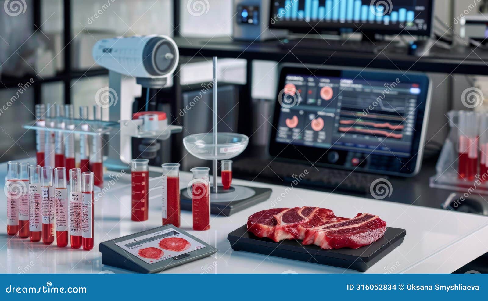 A Sleek Laboratory Scene Analyzing Cultured Meat, with a T-bone Steak ...