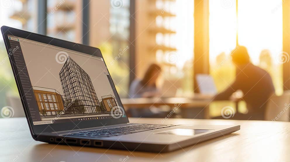 Sleek Architectural Laptop Design in a Bright Classroom with Students ...